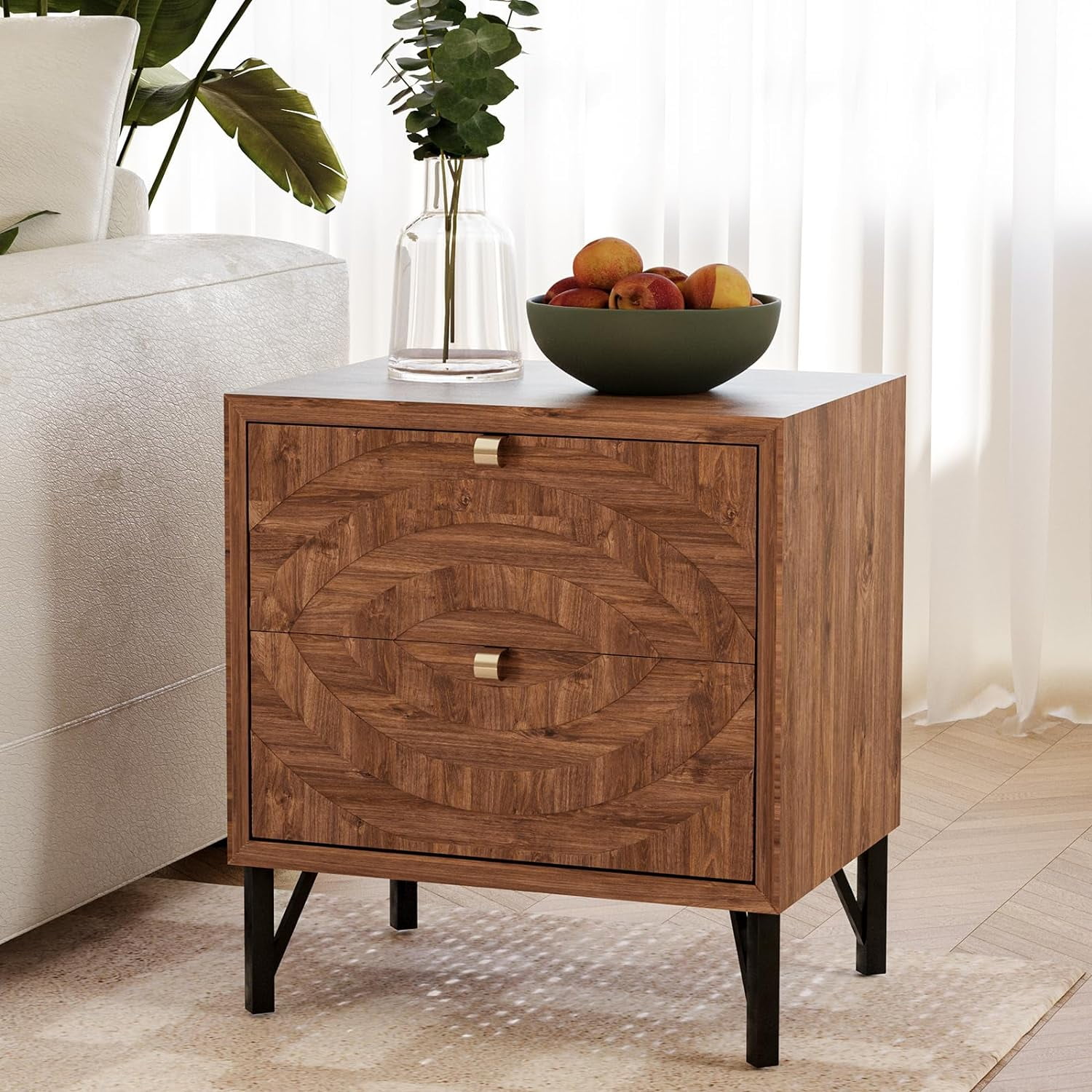 HOMPUS End Table w Pattern, Nightstand w 2 Storage Drawers, Small Night ...