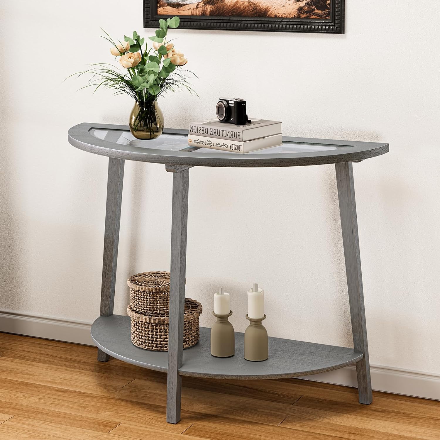 HOMPUS Half-Round Entryway Table with Shelf Solid MDF Board Glass Table ...