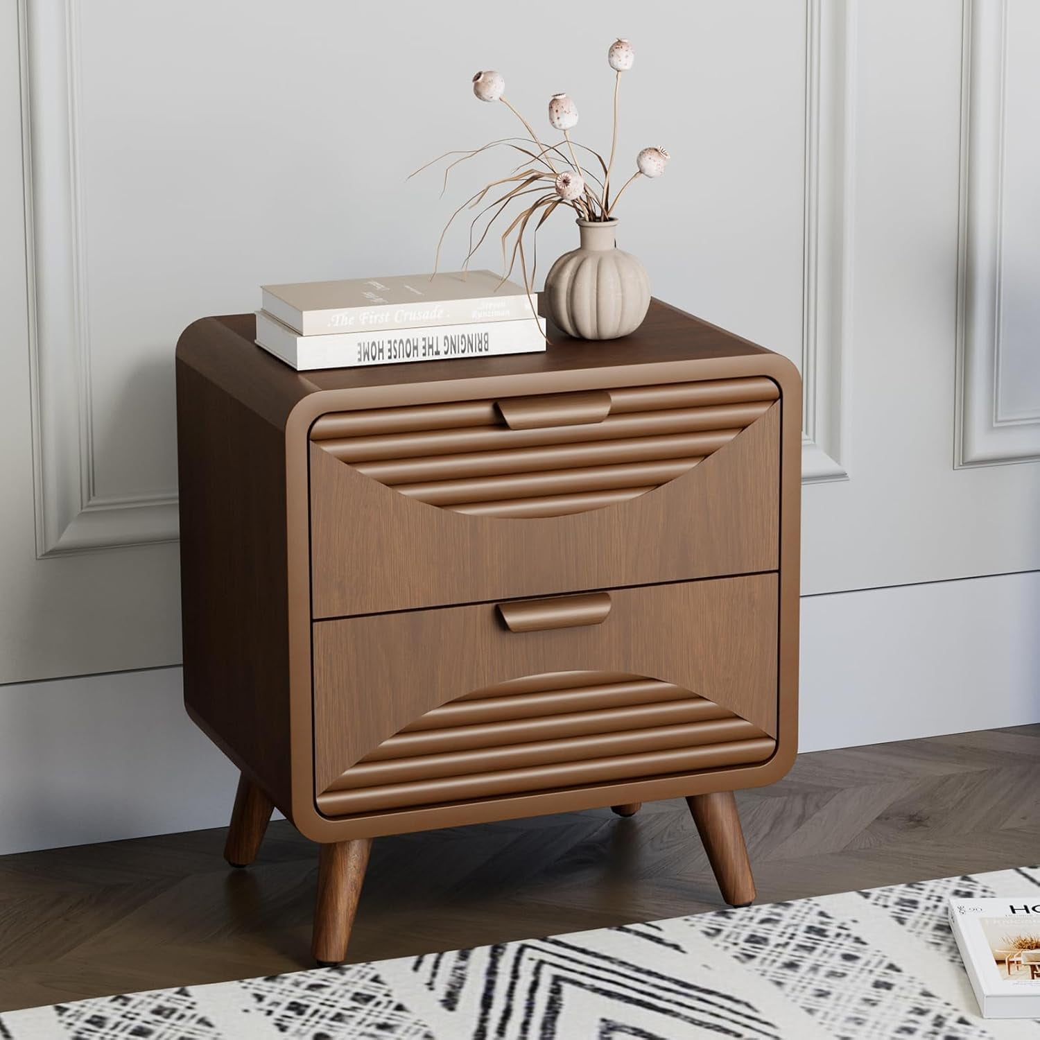 HOMPUS Modern Nightstand w 2 Storage Drawers, Walnut End Table w Stripe ...