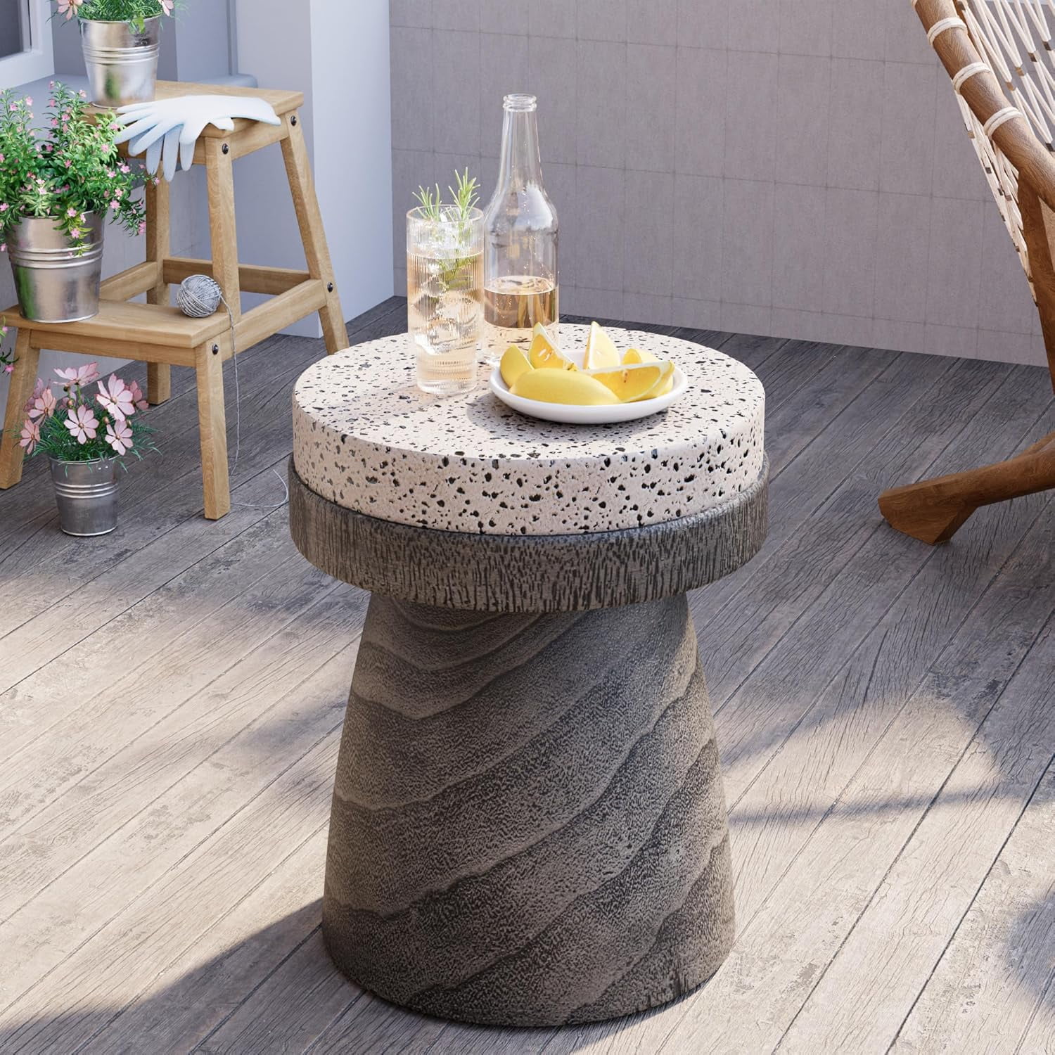 HOMPUS Outdoor Side Table with Imitation Terrazzo Desktop - Lightweight ...