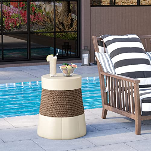HOMPUS Outdoor Side Table with Simulated Jute Rope, MgO Flower-Petal ...