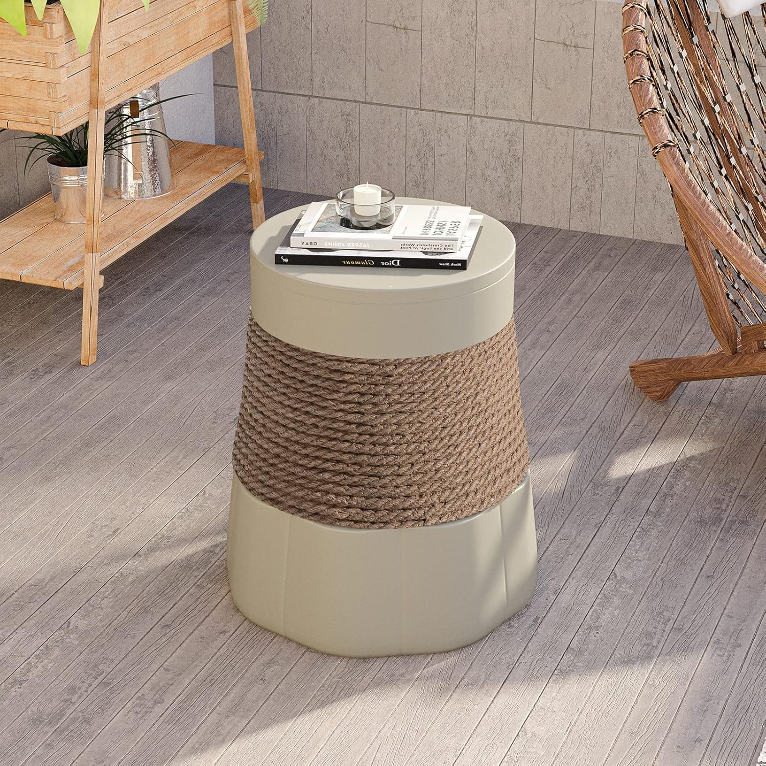 HOMPUS Outdoor Side Table with Simulated Jute Rope, MgO Flower-Petal ...