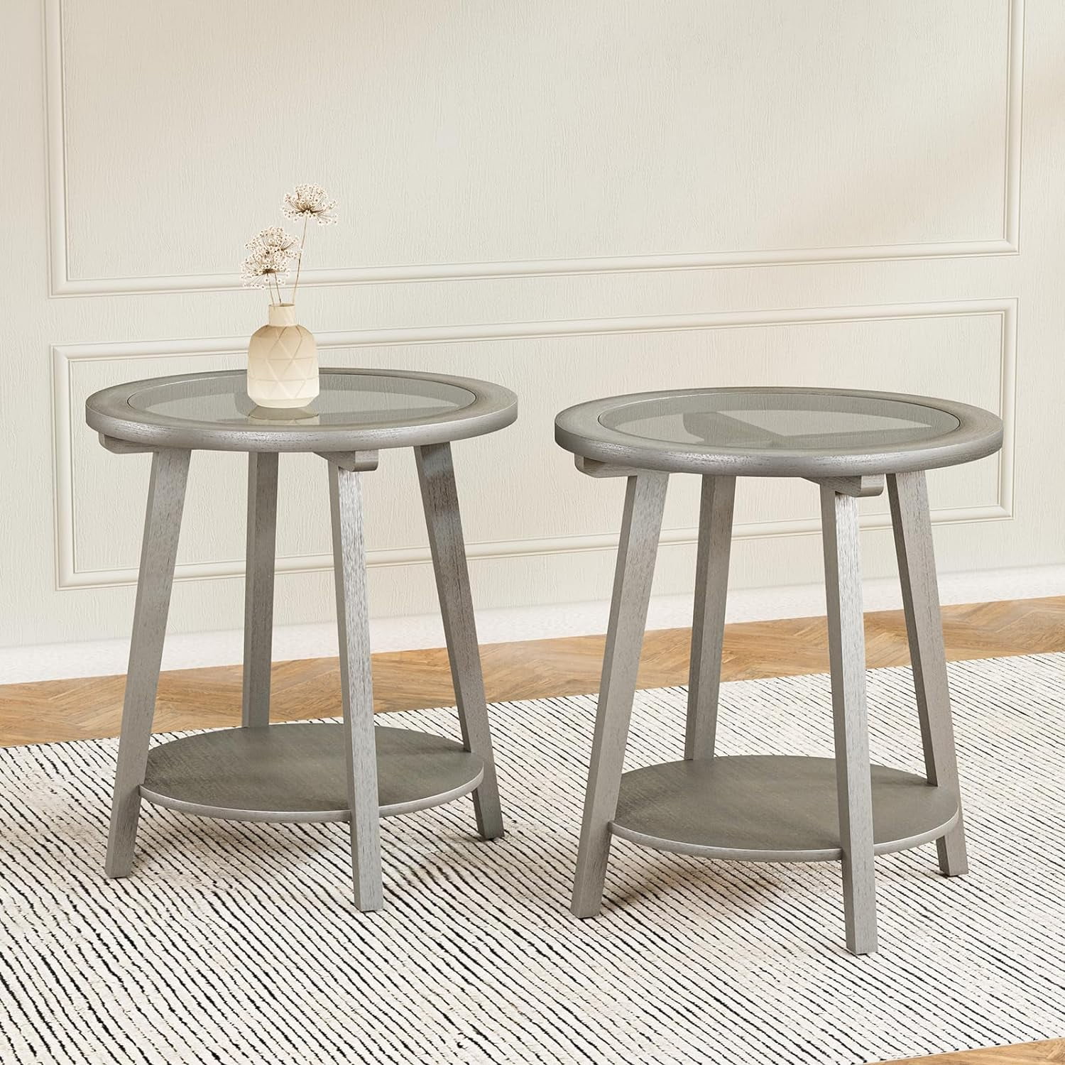 HOMPUS Round 2-Tier End Table Set of 2 with Shelf & Tempered Glass Top ...