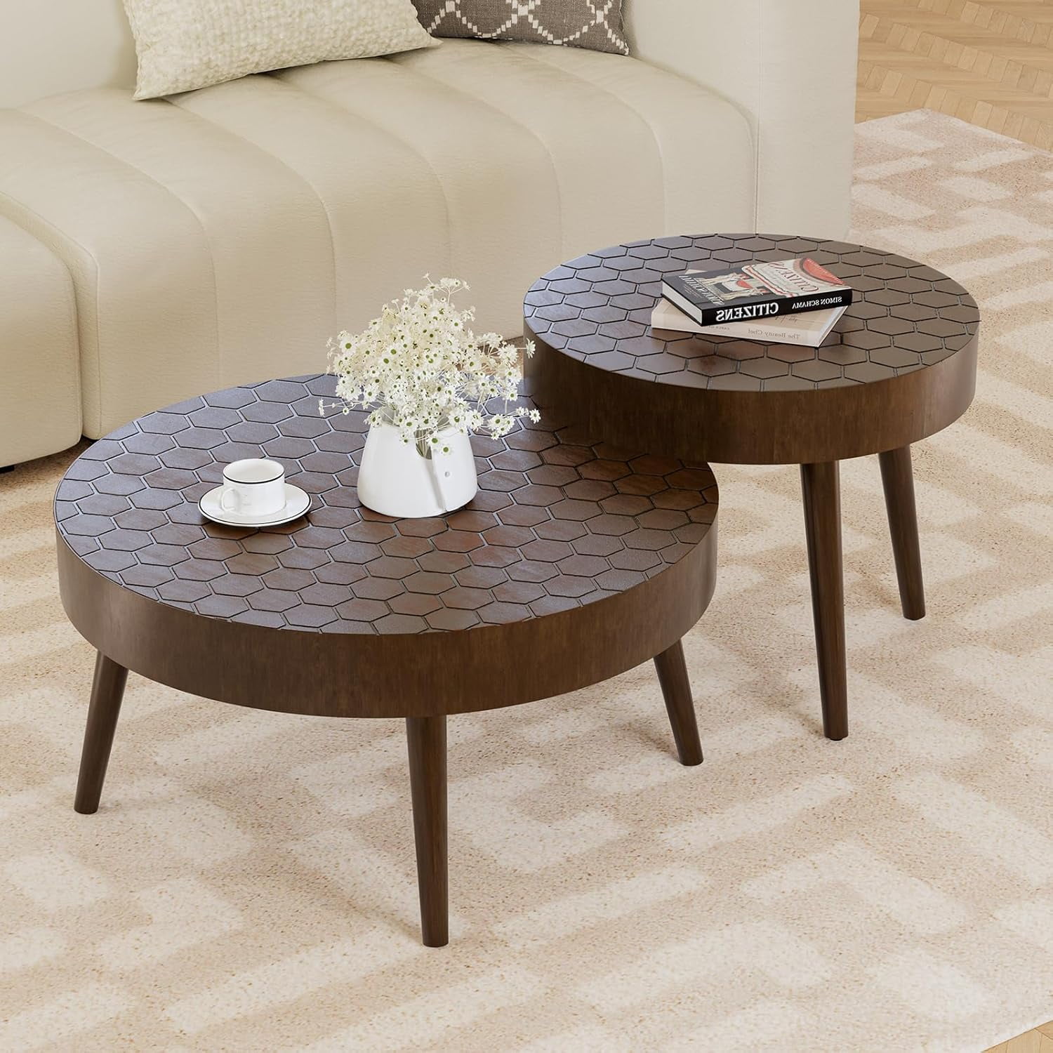 HOMPUS Round Coffee Table, 31.5'' Mid Century Modern Coffee Table Set w ...