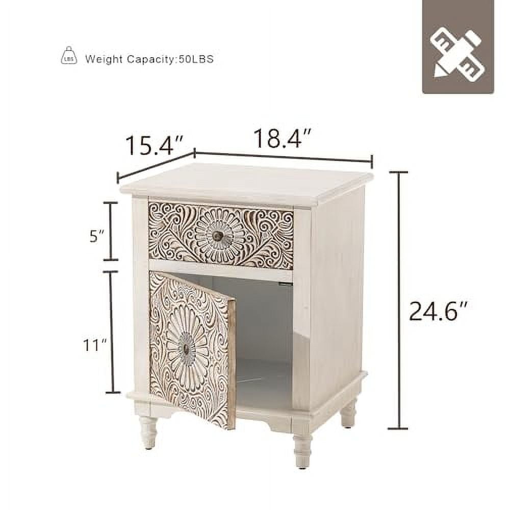 HOMPUS Round End Table w Flower Pattern, Nightstand w 3 Storage Drawers ...