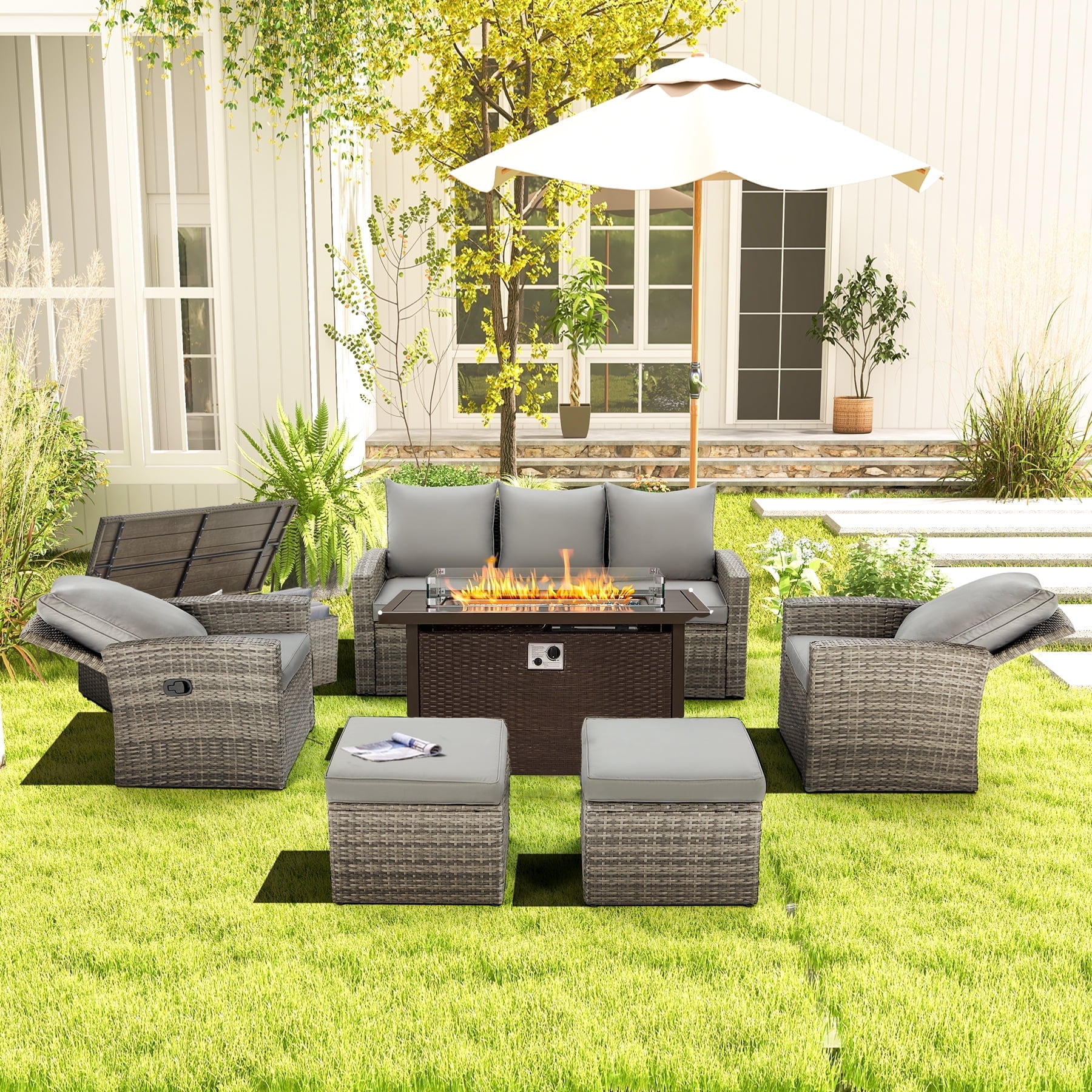 Homrest 6 Piece Rattan Outdoor Conversation Sets with Fire Table and ...
