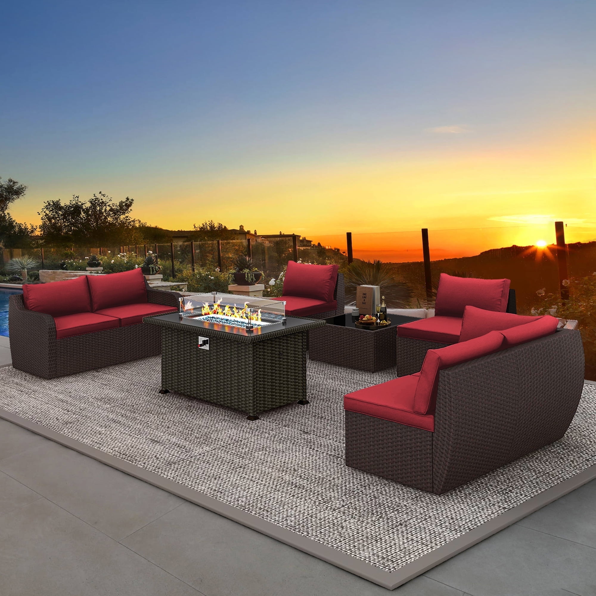 "HOMREST 7pc Outdoor Furniture Set with 44"" Propane Firepit, PE Rattan ...