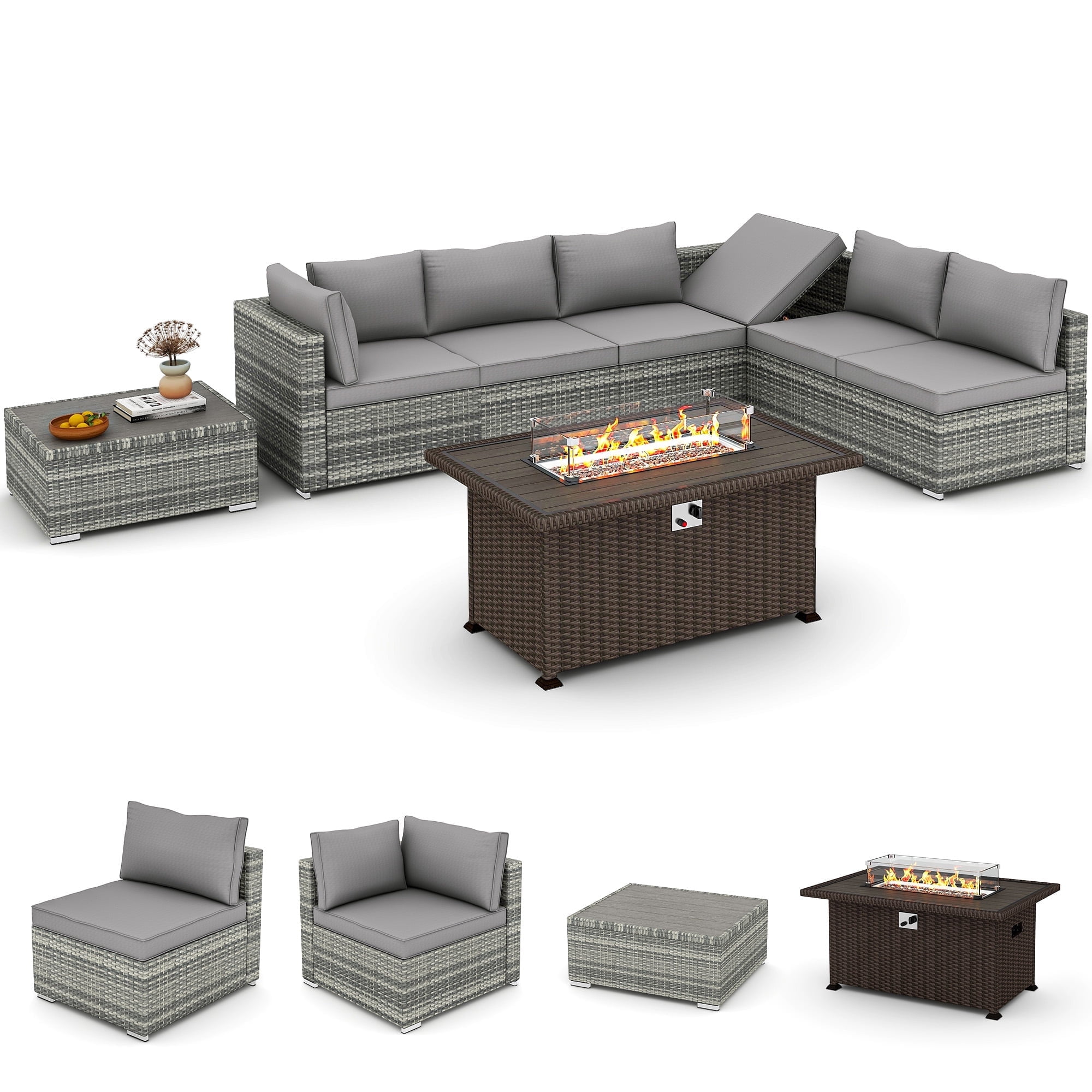 HOMREST 7 Pieces Outdoor Patio Furniture Set with 44" Propane Fire Pit ...