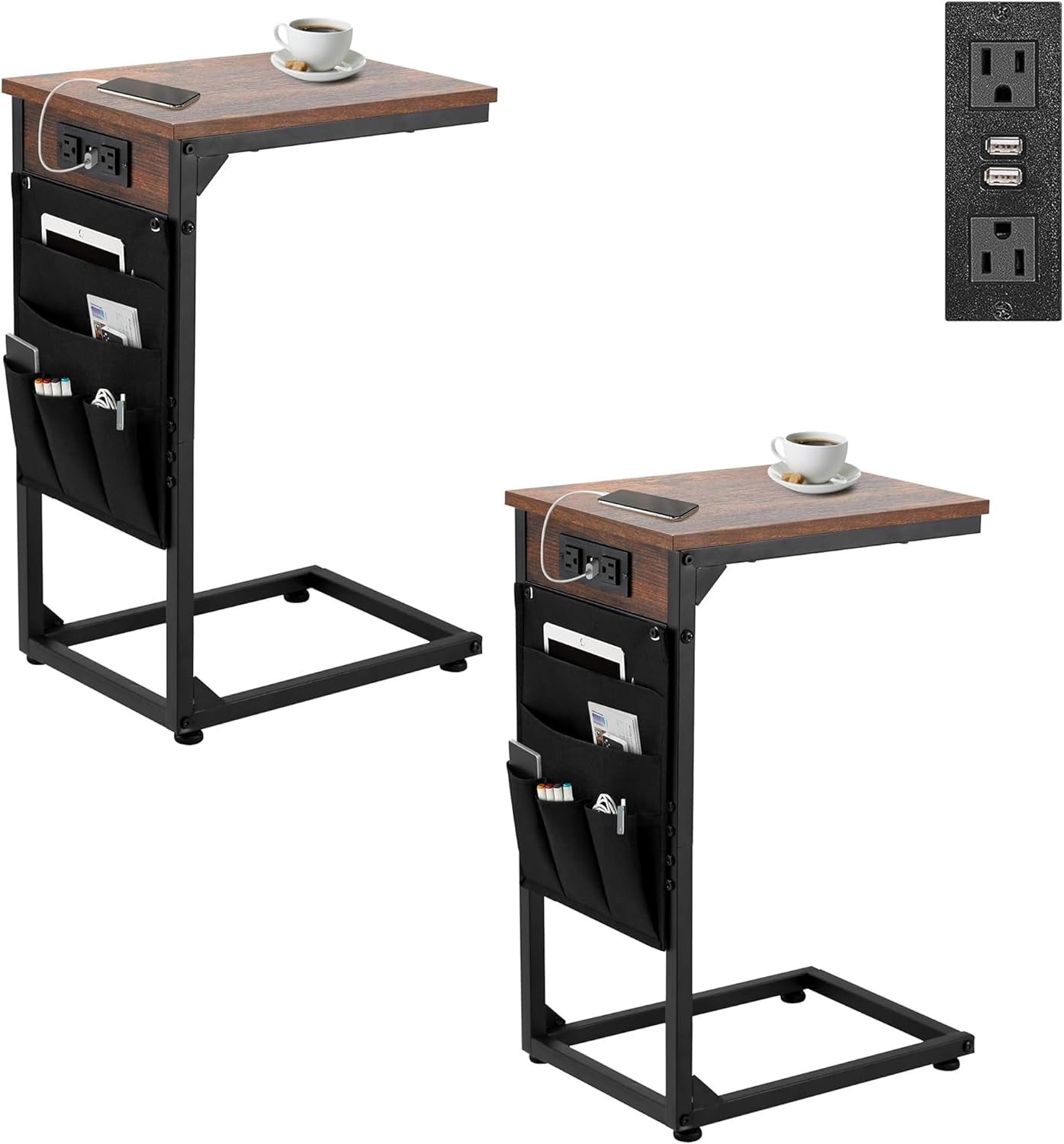 HOMREST C Shaped Side Table with Charging Station,End Tables Living ...