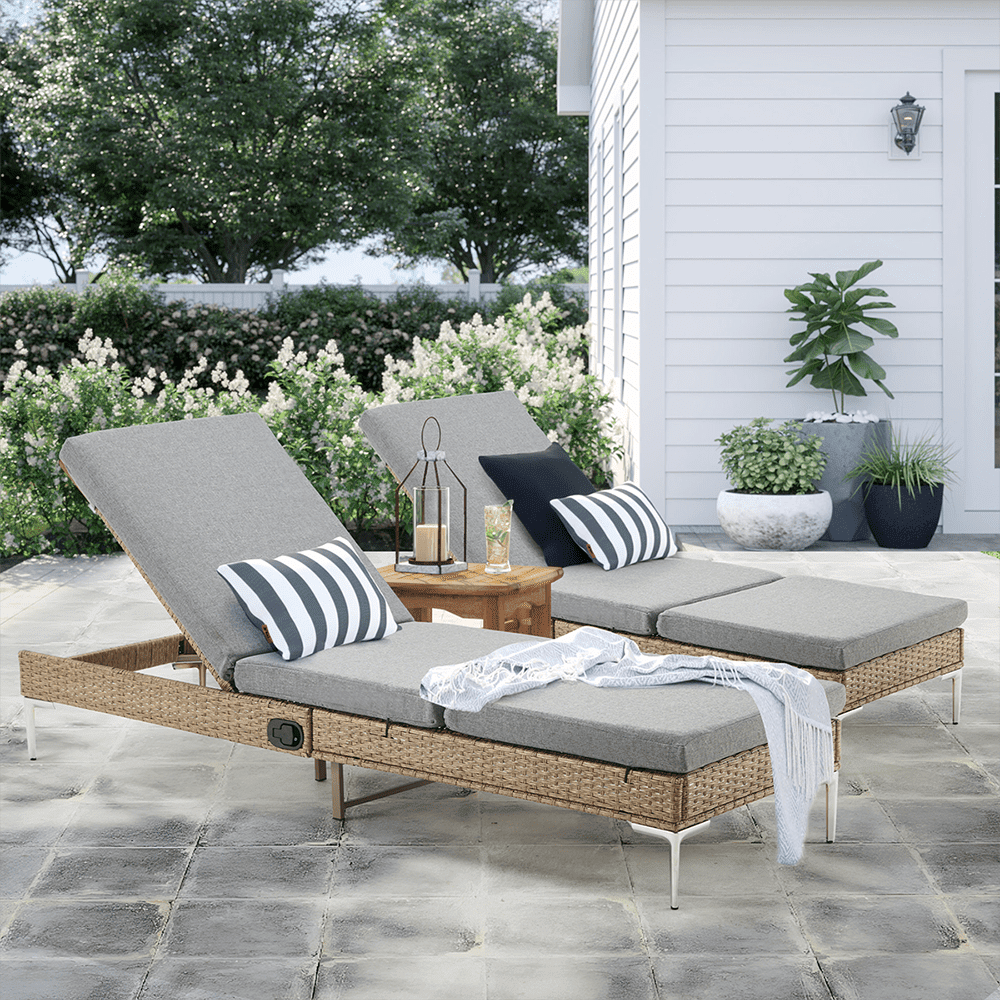HOMREST Outdoor Chaise Lounge Chair Set of 2, Patio Wicker Lounge Chair ...