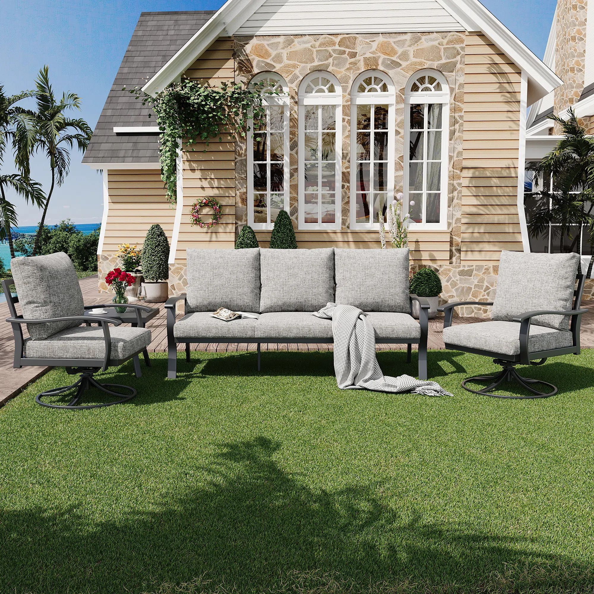 HOMREST Patio Furniture Sets 4 PCS Outdoor Metal Conversation Sets, 360 ...