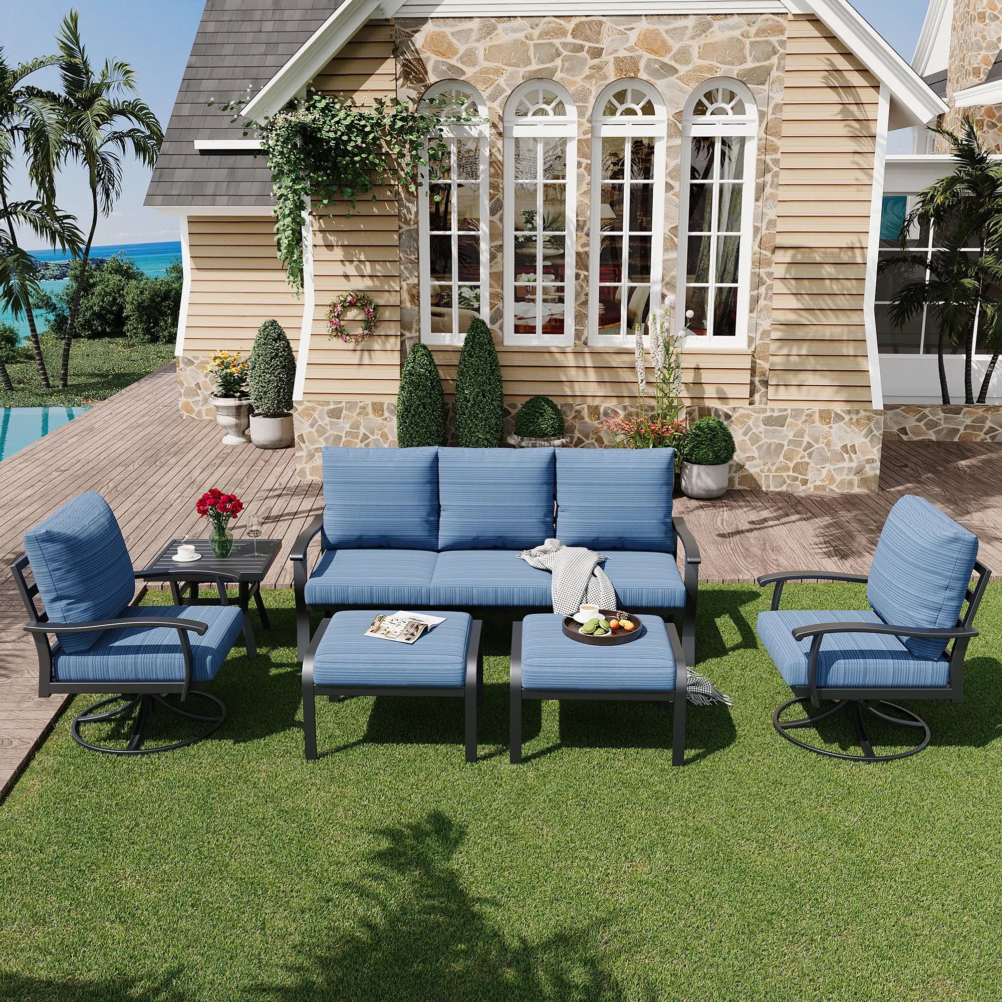 HOMREST Patio Furniture Sets 6 PCS Outdoor Metal Conversation Sets, 360 ...