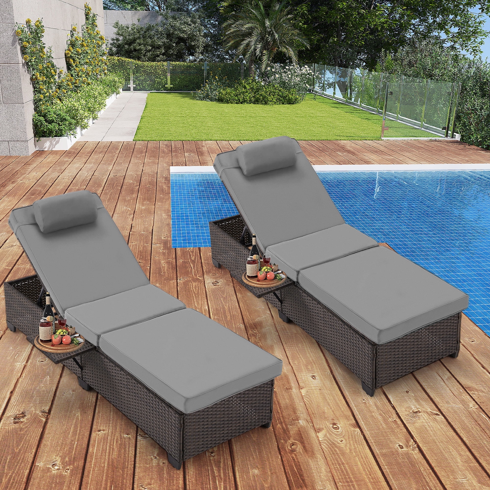 HOMREST Pool PE Wicker Lounge Chairs Set of 2,Lounge Chairs with ...