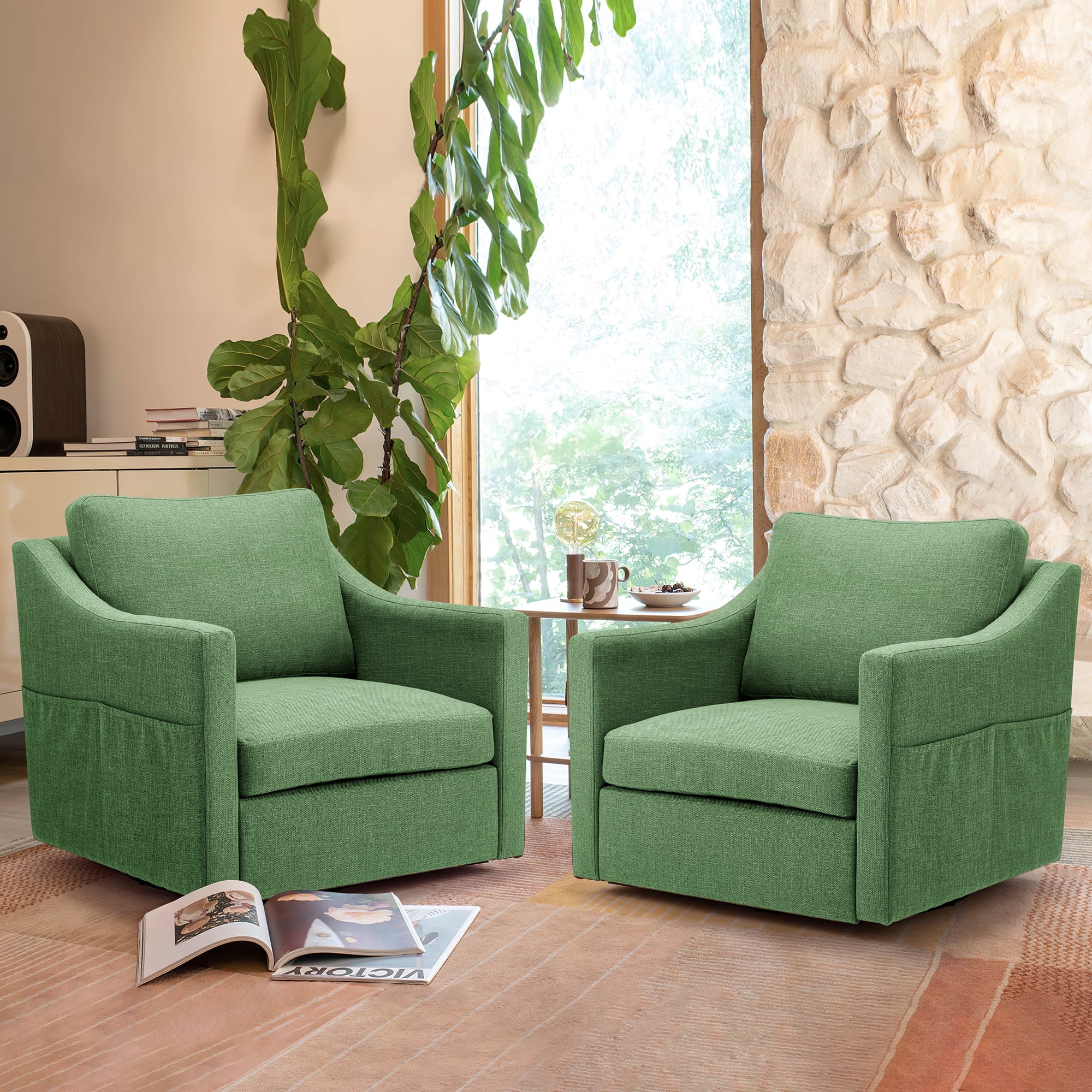 Homrest, Swivel Accent Chair Set of 2, Linen Fabric, Green - Walmart.com