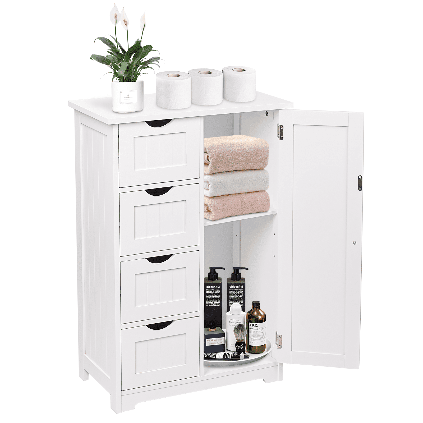 Costway White MDF Floor Storage Cabinet, Bathroom Organizer with Drawer ...