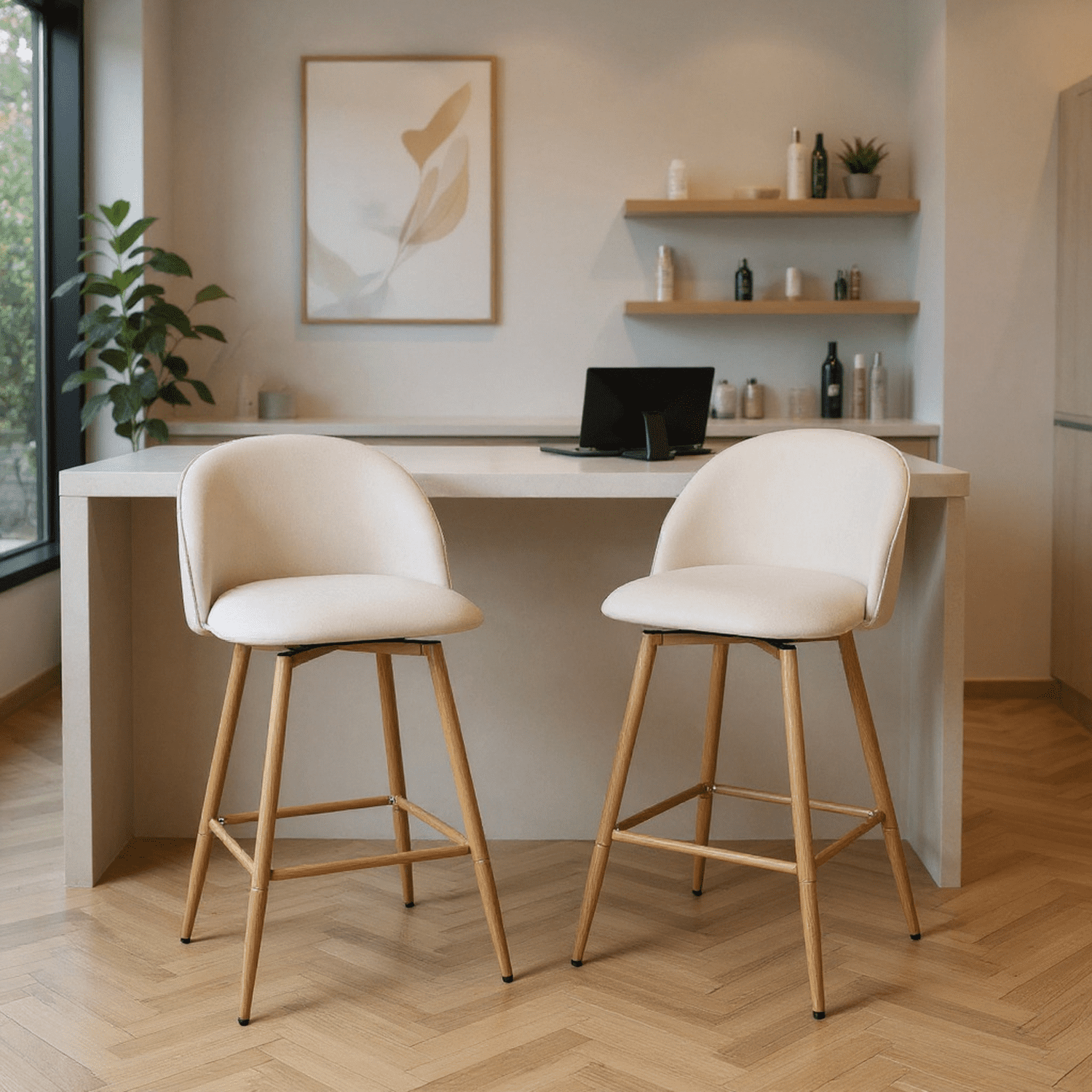 Homy Casa Set of 2 Bar Stools with Upholstered Seat and Wooden Frame ...