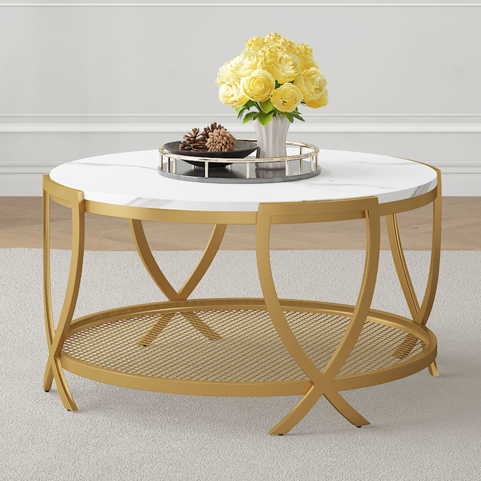 HOMYSHOPY Modern Round Coffee Table, Gold Powder Coated & Marble Wood ...