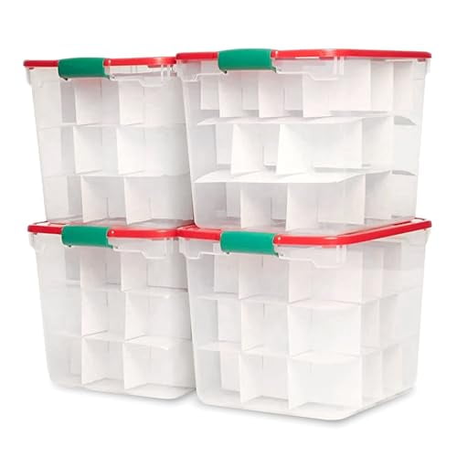 HOMZ 4-Pack Holiday Tote, Clear Plastic Storage Bins w/Lids & Dividers ...