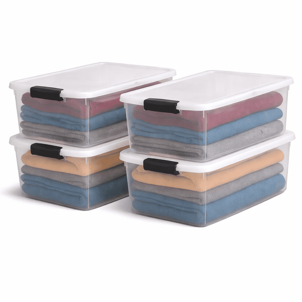 HOMZ 64-Quart Clear Stackable Plastic Storage Bins, Black Latches, 4 ...