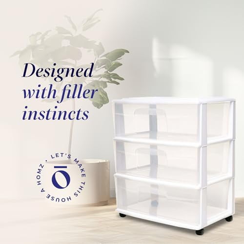 HOMZ Drawer Tower, 3-Tier Wide Clear Plastic Storage Organizer Cart ...