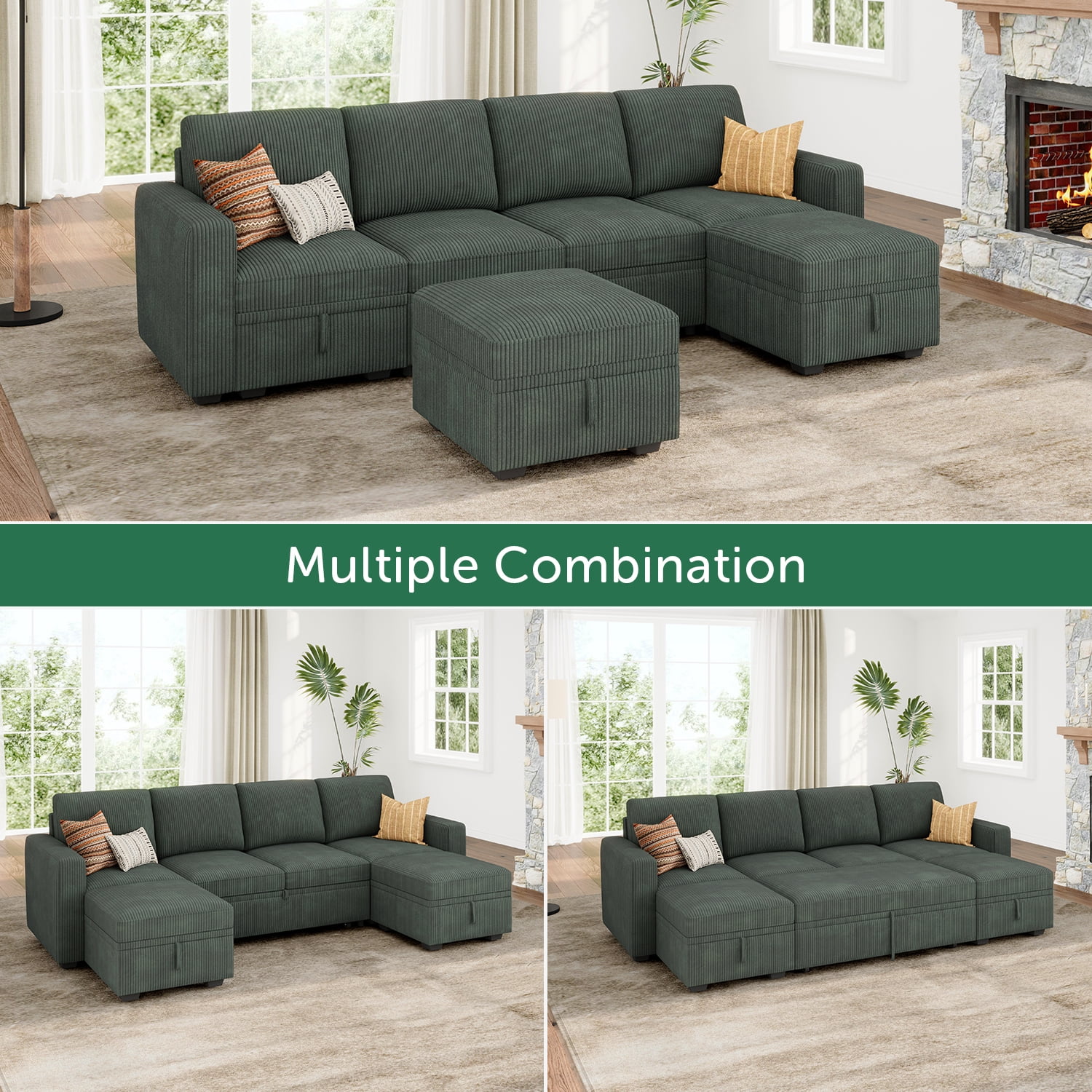 HONBAY 101.4” U-Shaped Corduroy Sectional Modular Sleeper Sofa with ...