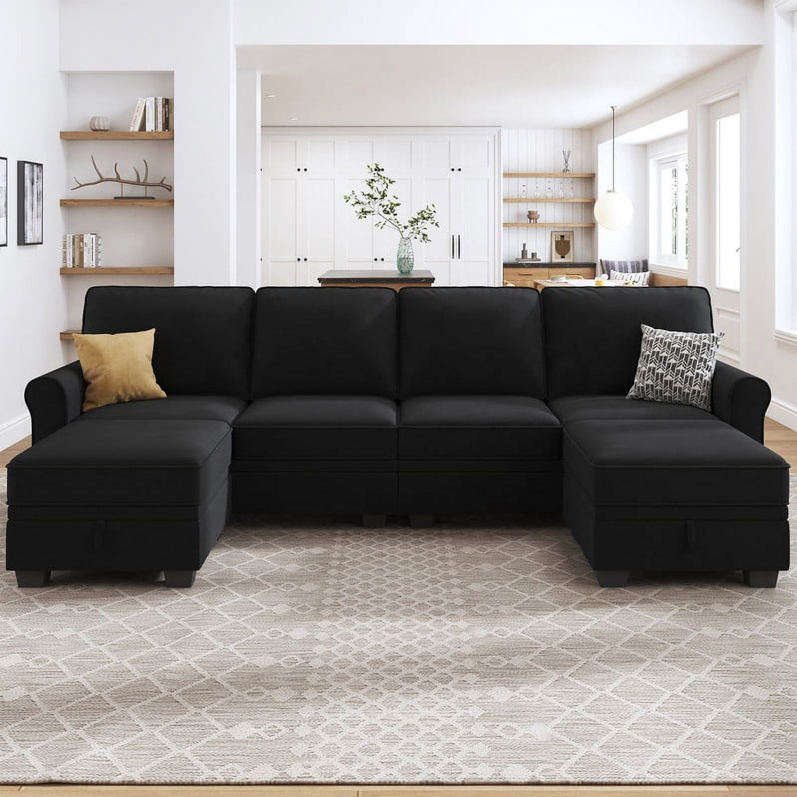 HONBAY Wide Seat Black Velvet Sectional Sofa with Storage for Living ...