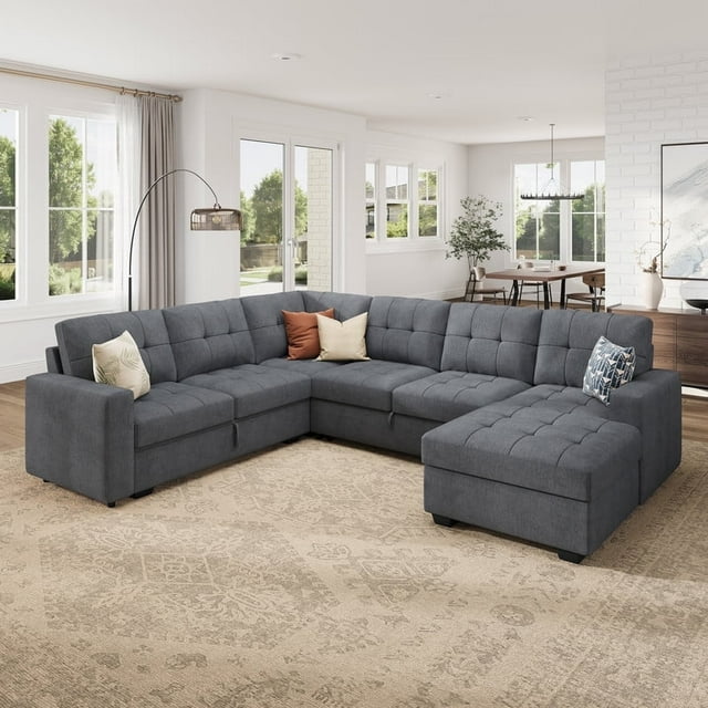 HONBAY 111.4” Sectional Modular Pull-Out Sleeper Sofa Tufted Living ...
