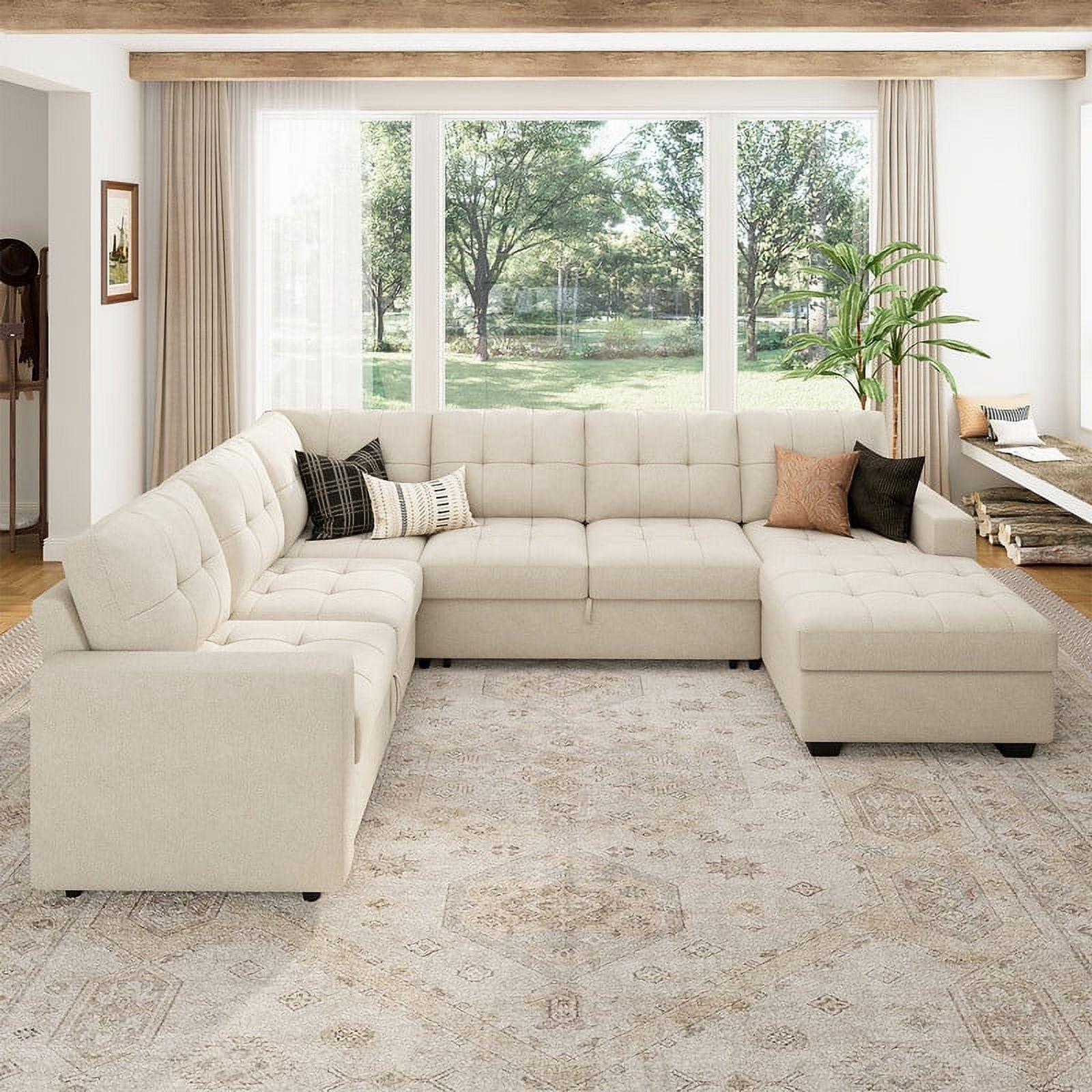 HONBAY 111.5 inch Tufted Sectional Pull Out Sleeper Sofa Bed with ...