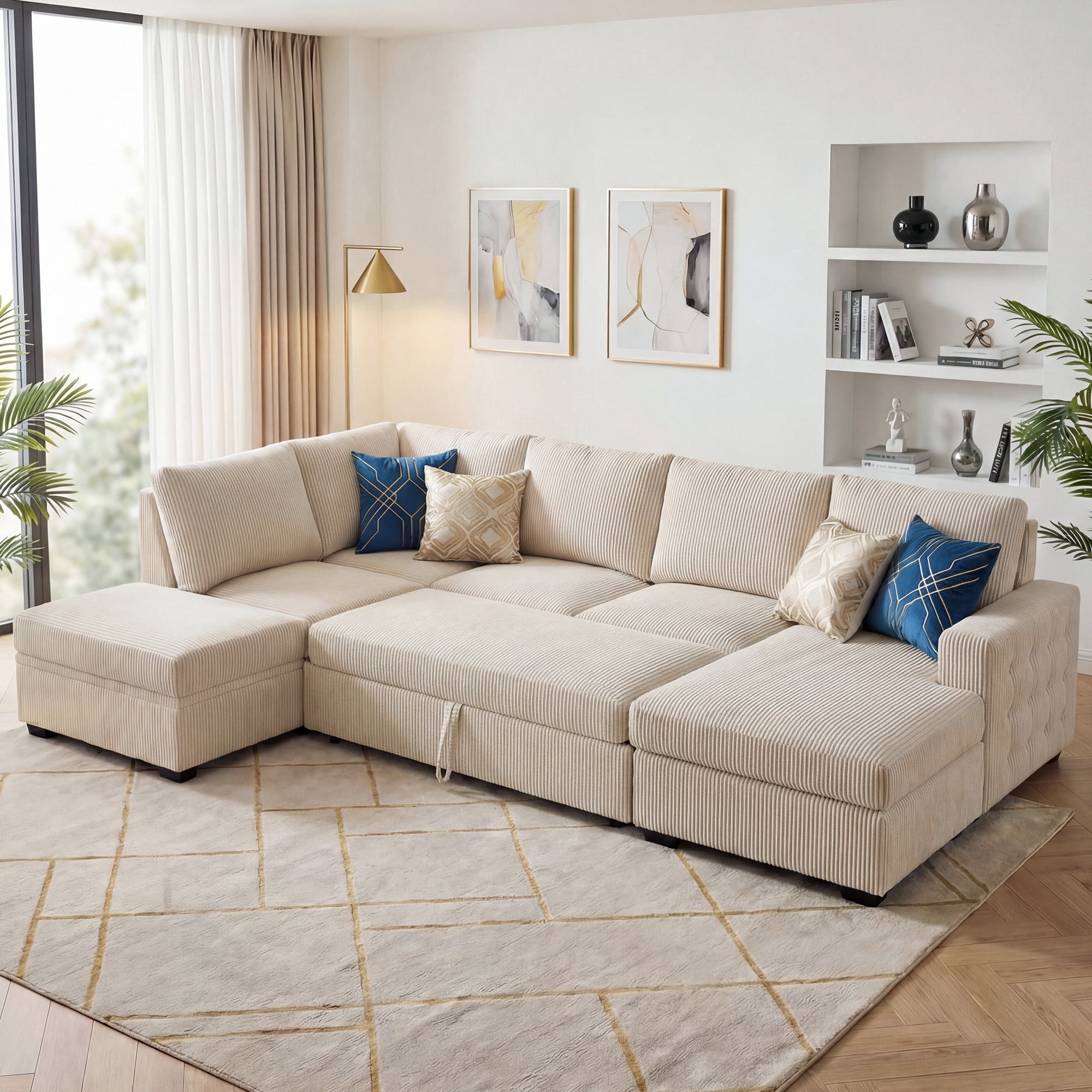 Marrber 111” Reversible Beige U Shaped Spacious Sectional Sleeper Sofa ...