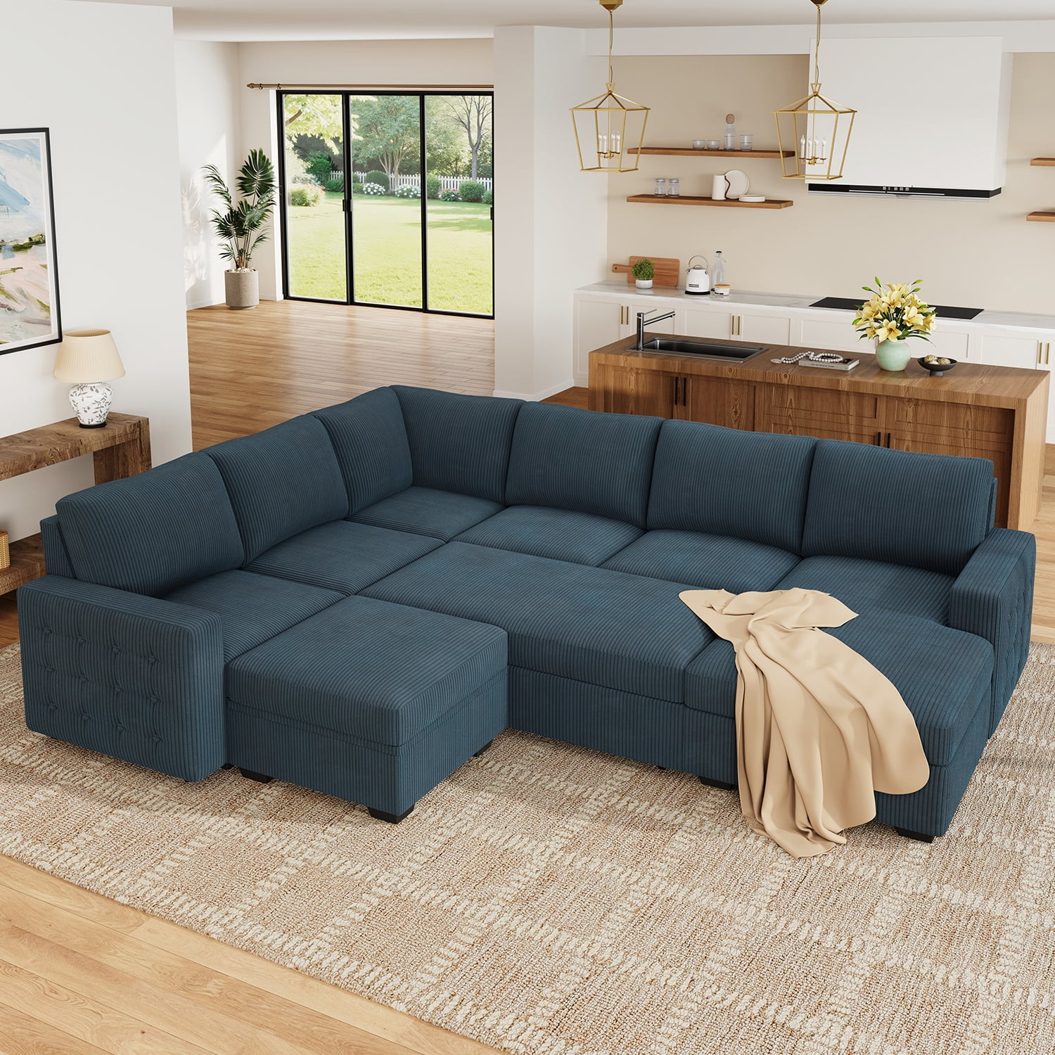 HONBAY Blue Extra Large Convertible Sectional Sofa with Pull Out Bed ...