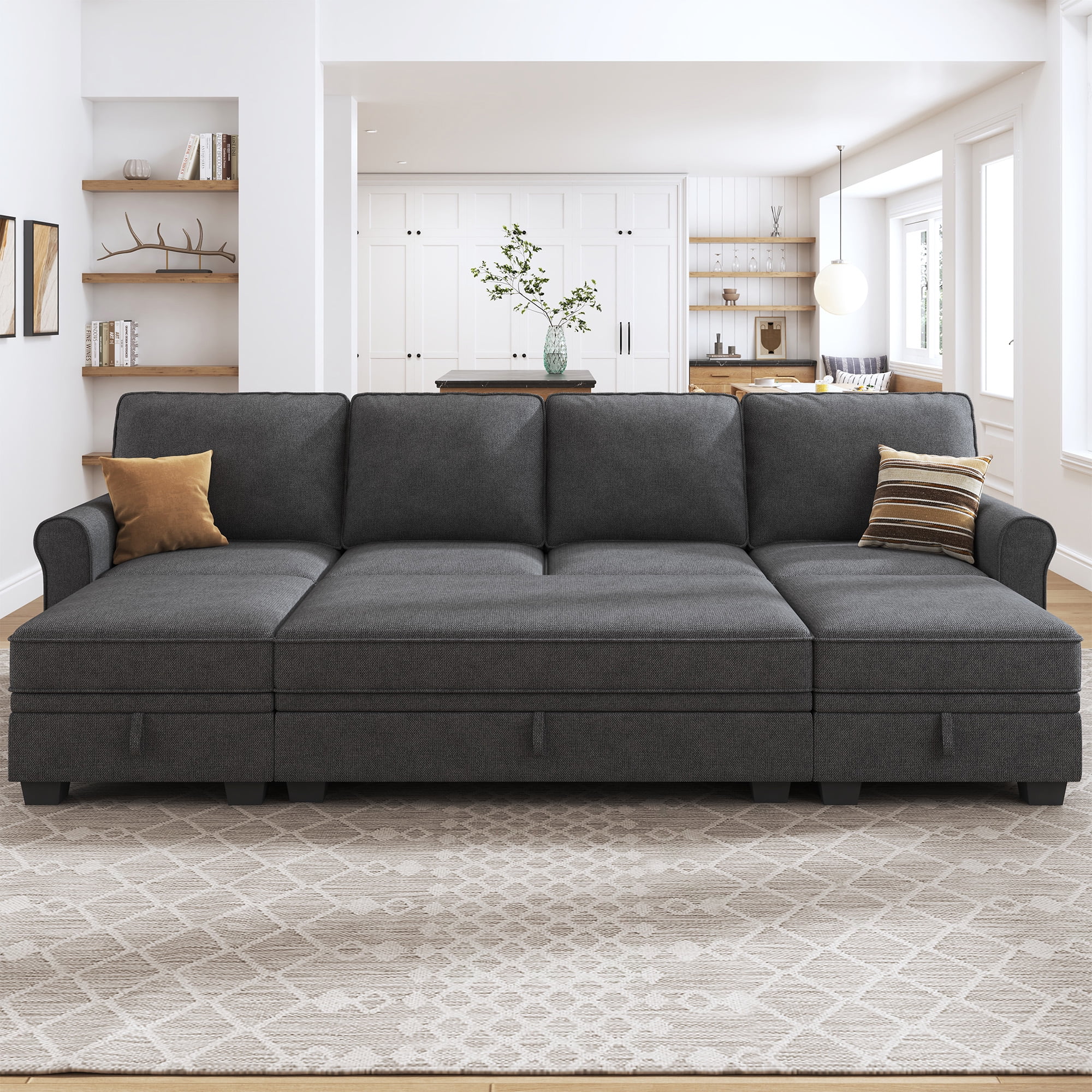 HONBAY 4-Seater Convertible Sectional Sofa Bed with Built-In Storage ...