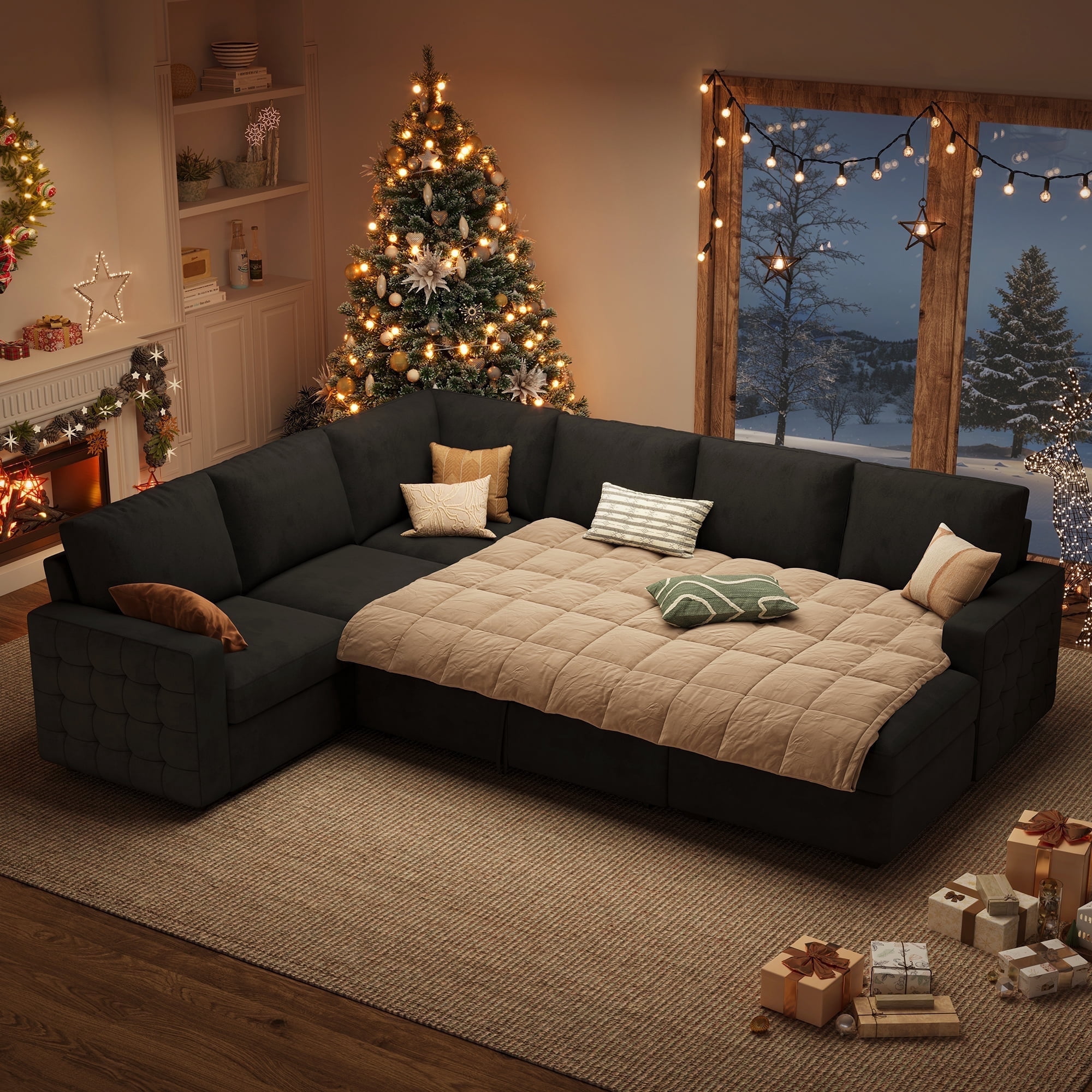 HONBAY Convertible Corner Sofa Bed for Small Spaces, Pull Out Sleeper ...
