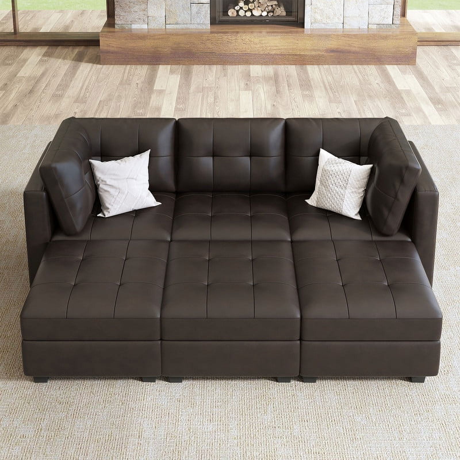 HONBAY Faux Leather Convertible Sleeper Couch Modular Sectional Sofa ...