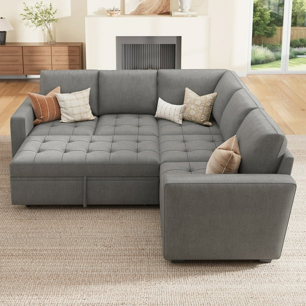 HONBAY L-Shaped Modular Sectional Pull-Out Sleeper Sofa Tufted with ...