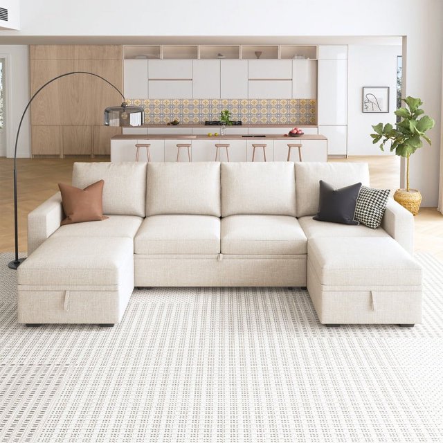 HONBAY Linen Modern Pull-Out Sleeper Sofa Bed with Storage Chaise, Beige - Walmart.com