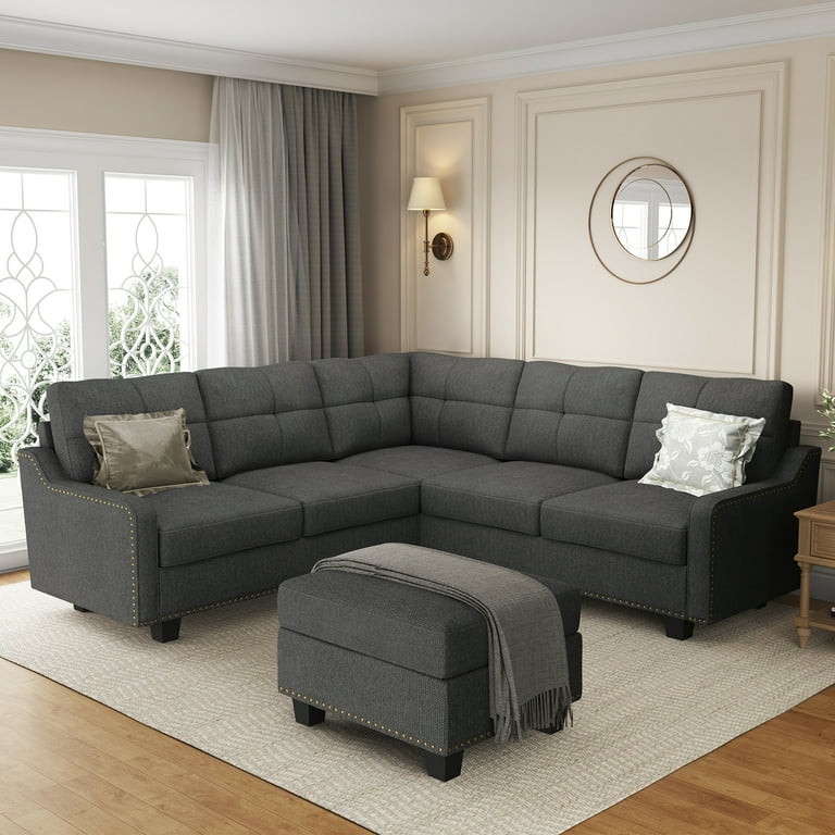 HONBAY Modern Convertible Sectional Sofa Set with Storage Ottoman Nailhead Trim Dark Gray Walmart