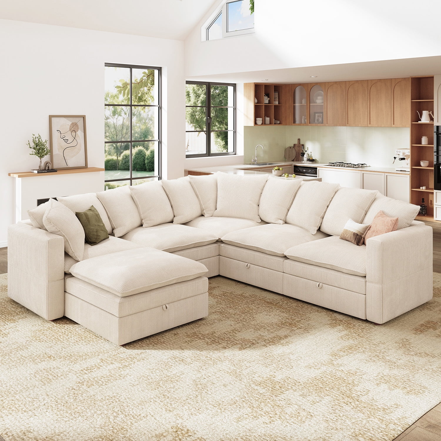 HONBAY Oversized Beige Corner Modular Sectional with Under-Seat Storage ...