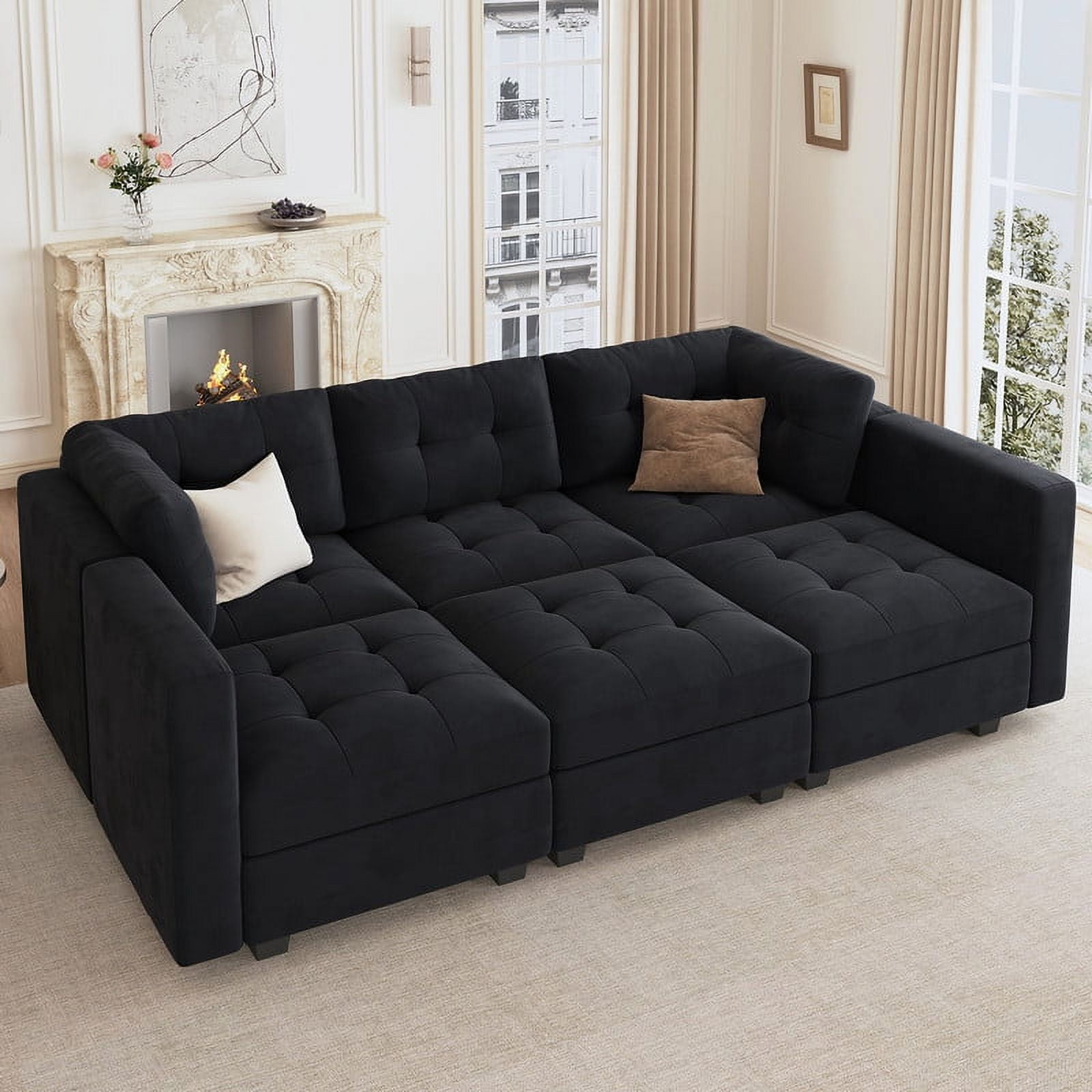 Honbay Velvet Modern Tufted Convertible Sofa, Black - Walmart.com