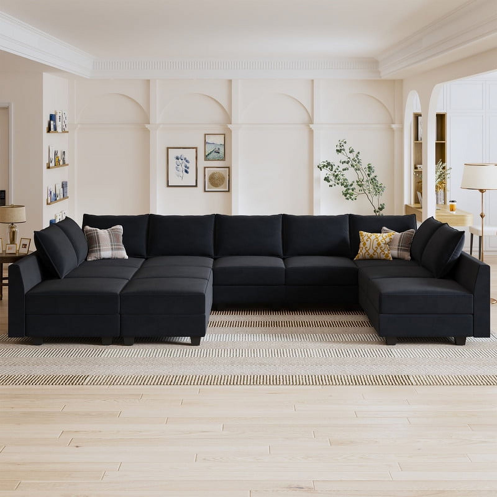 HONBAY Wide Seat Contemporary Velvet Black Sectional Sofa with Free ...