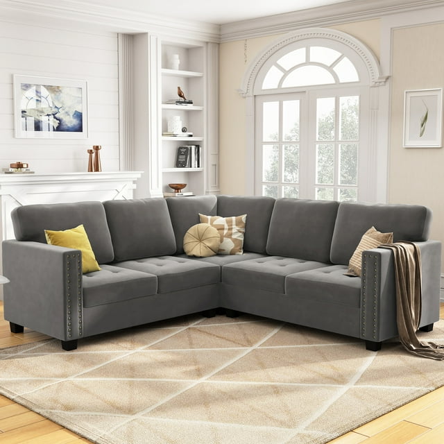 HONBAY Velvet L-Shaped Sofa with Nailhead Trim and Storage Ottoman ...