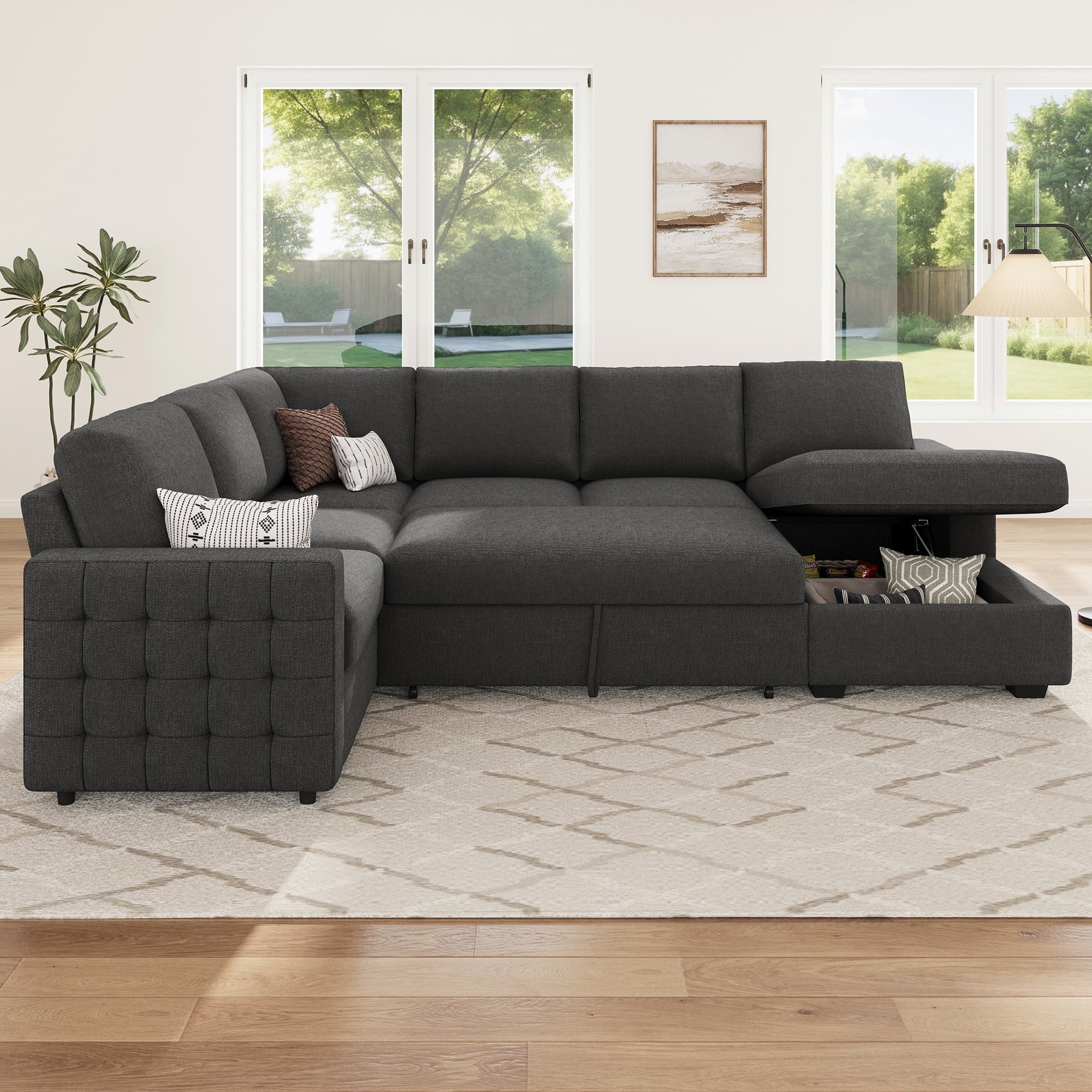HONBAY Modular Sectional Pull-Out Sofa Bed U-Shaped Linen Couch Bed ...
