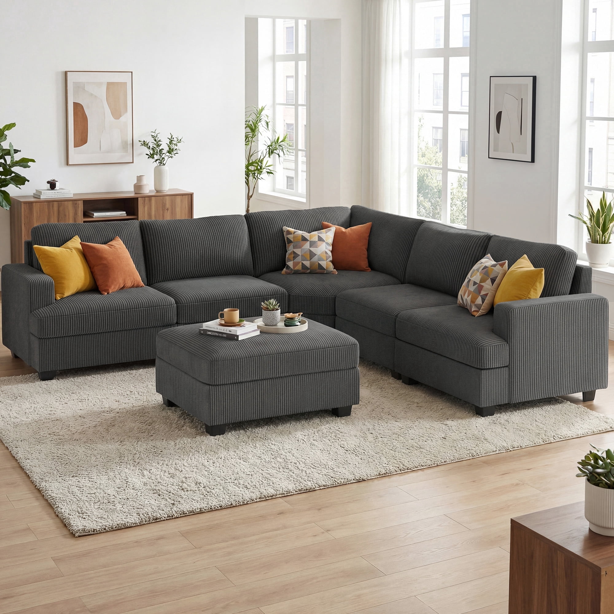 HONBAY Modular Corduroy Fabric Couch, Convertible 6-Seater Sleeper Sofa ...