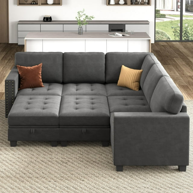 HONBAY Velvet Modular Sectional Sofa Bed, Convertible Reversible ...