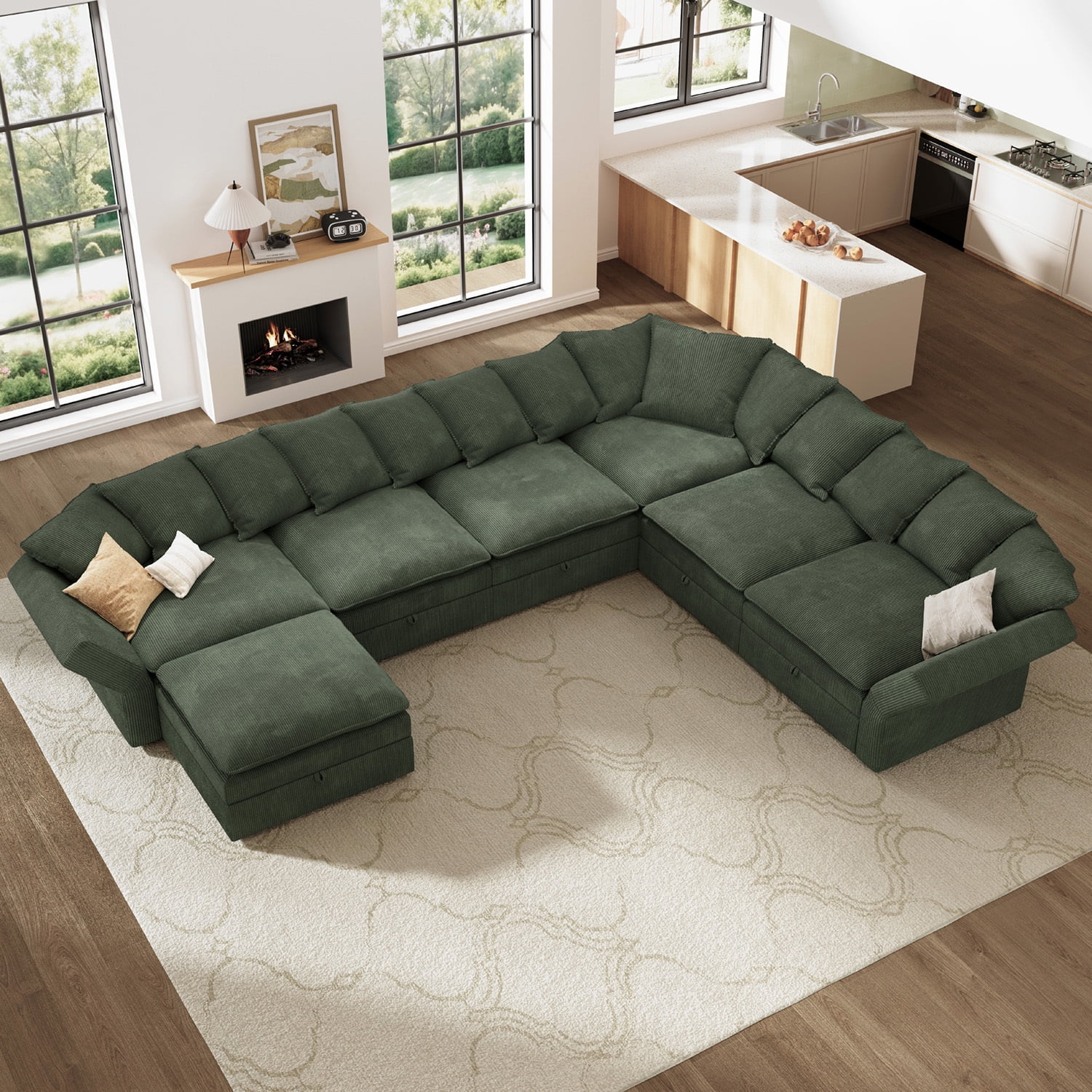 HONBAY Green 137" 7-Seat Convertible Modular Sectional with Storage ...