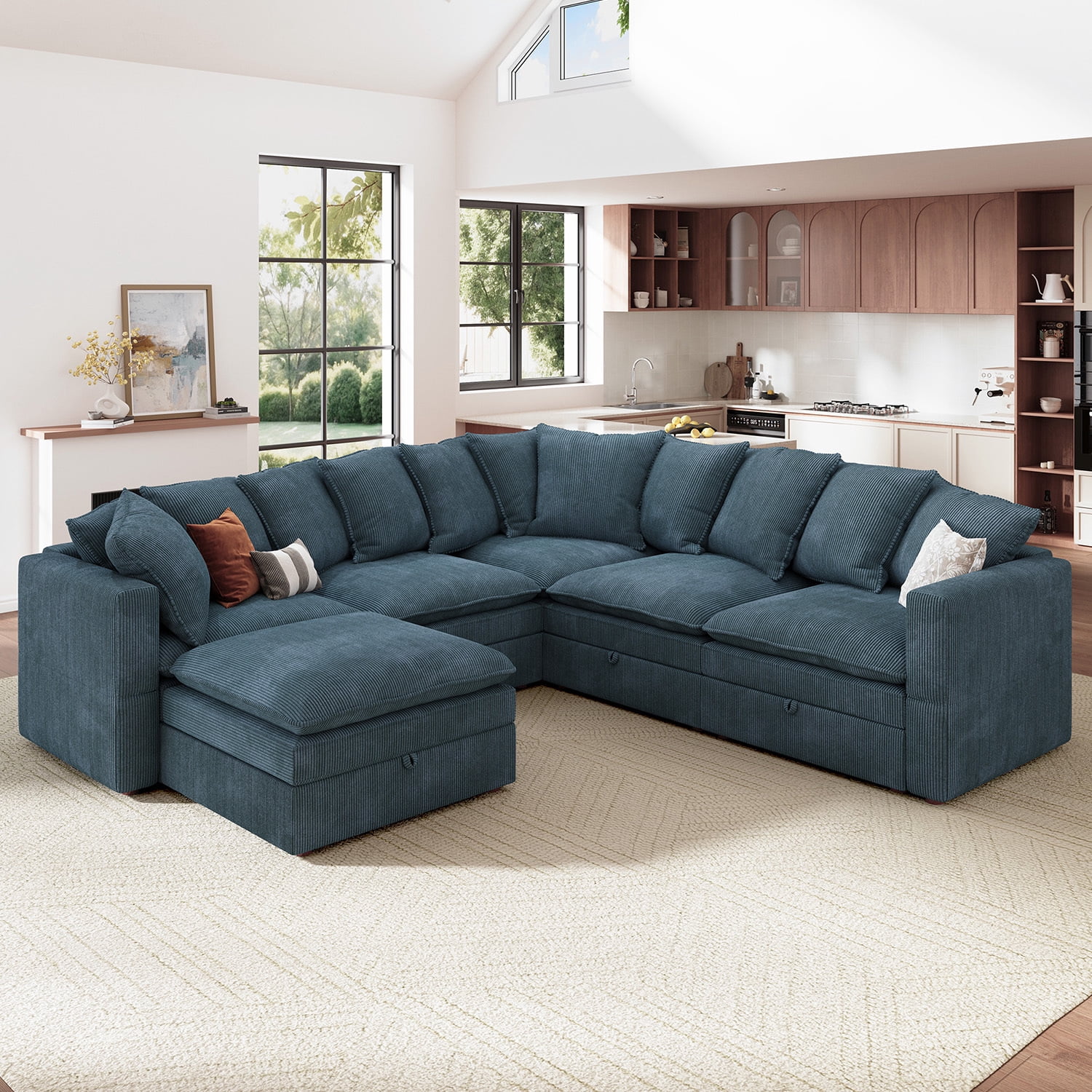 HONBAY Blue Oversized Corner Modular Sectional with Under-Seat Storage ...