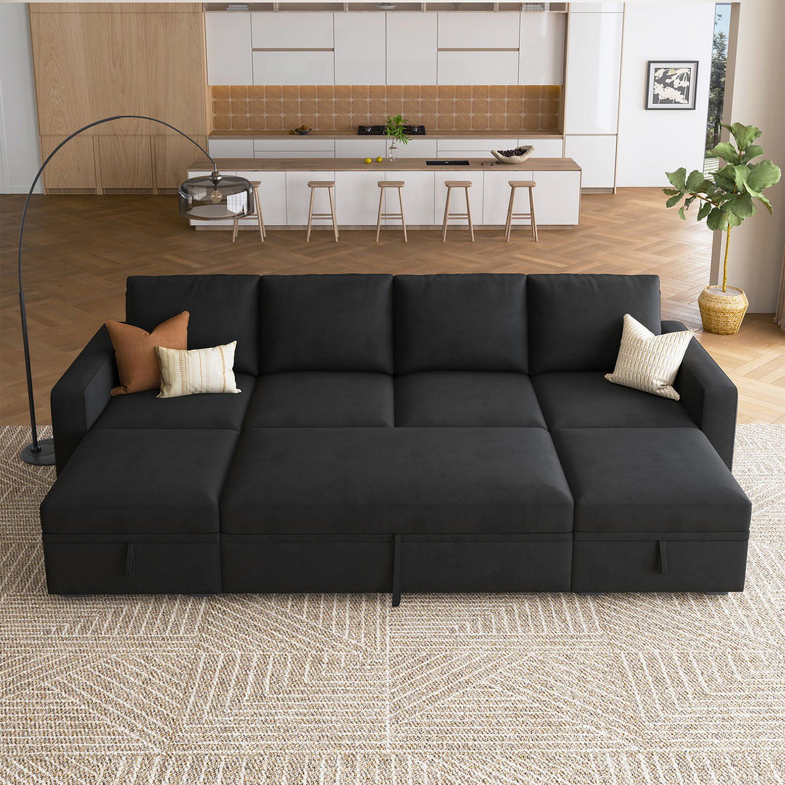 HONBAY Pull Out Sectional Sleeper Sofa Set Velvet Couch Bed with ...