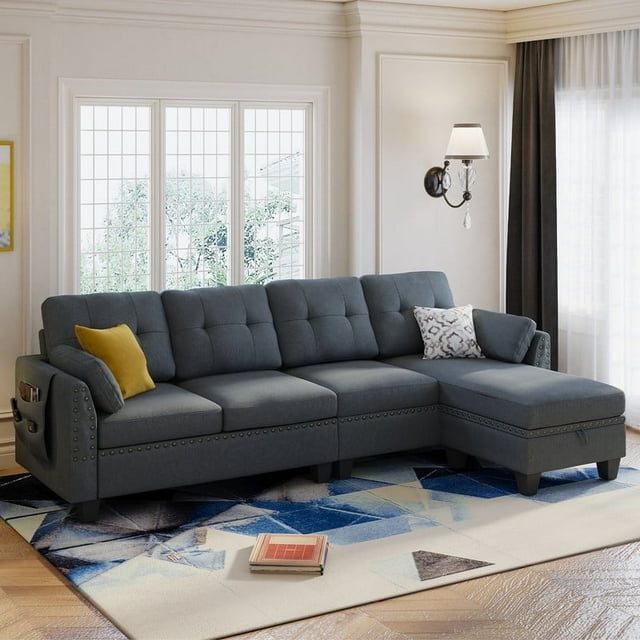 HONBAY L-Shaped Sectional Sofa with Storage Ottoman, Bluish Gray Fabric ...
