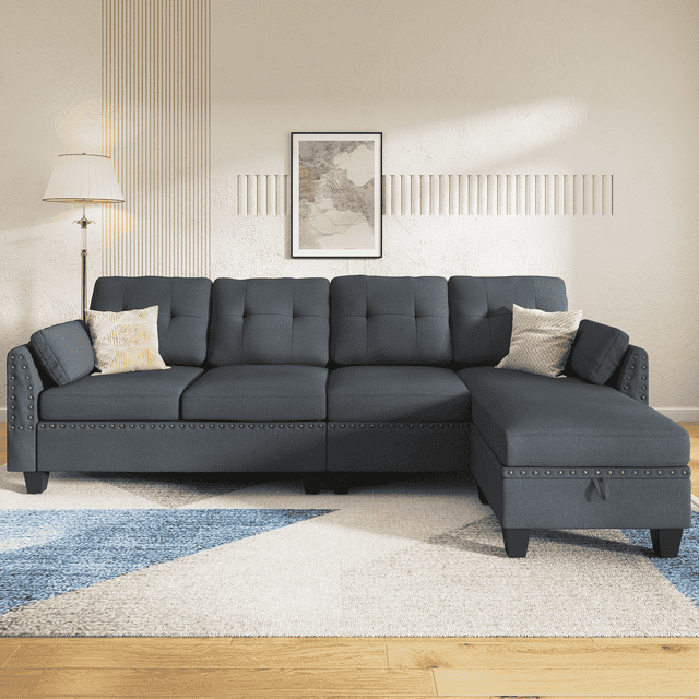 HONBAY L-Shaped Sectional Sofa with Storage Ottoman, Bluish Gray Fabric ...