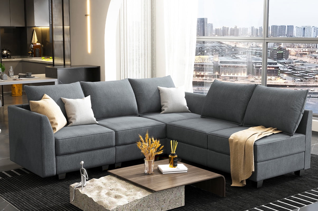 HONBAY Soft Linen Fabric Sectional Storage Couch with Reversible Chaise ...