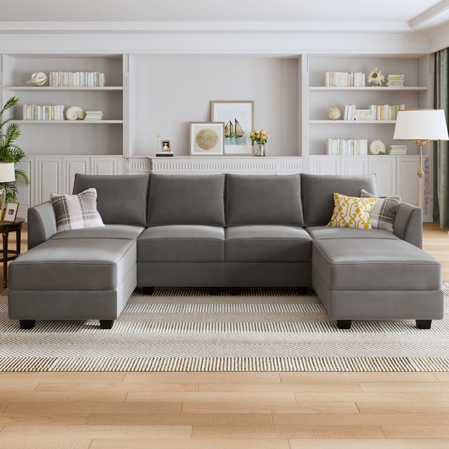 HONBAY Big Space Velvet Grey U-Shaped Sectional Sofa Bed with Storage ...
